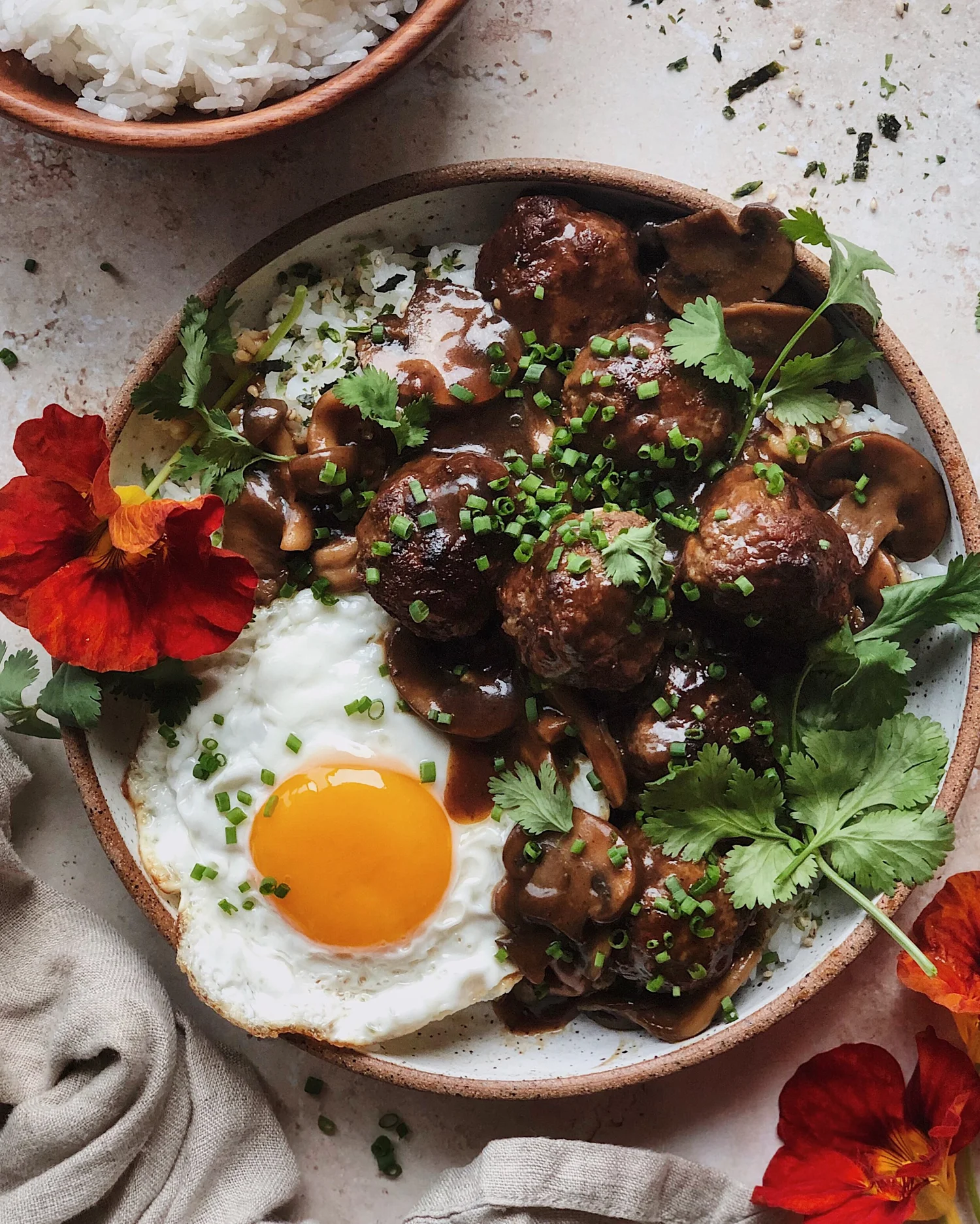 Meatball Loco Moco with Sweet Soy Mushroom Gravy — Lily Morello