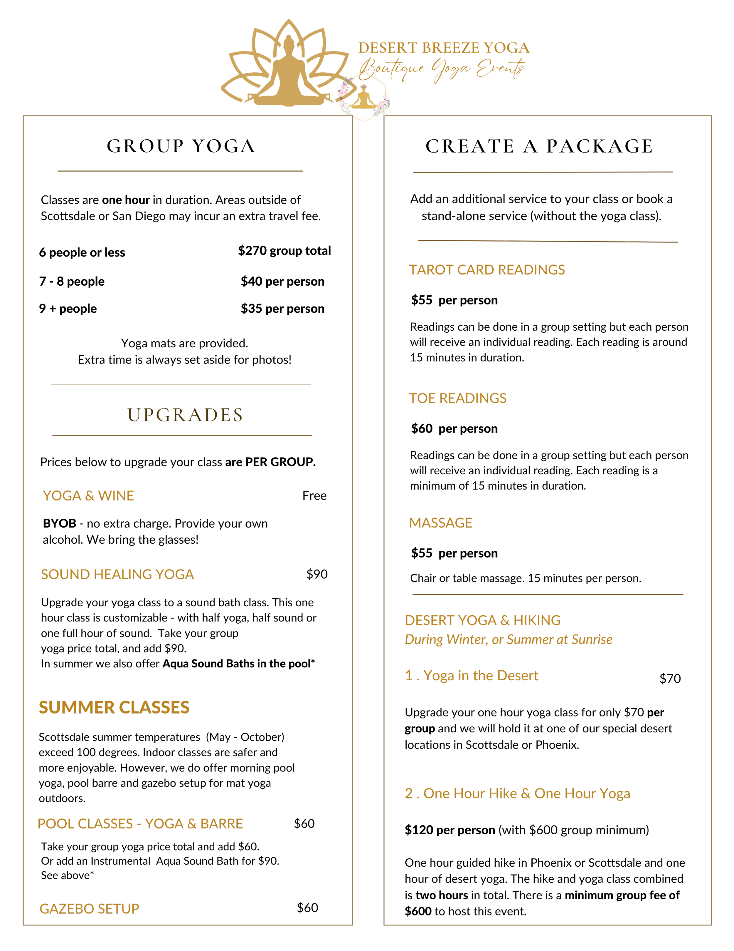 Services & Pricelist — DESERT BREEZE YOGA