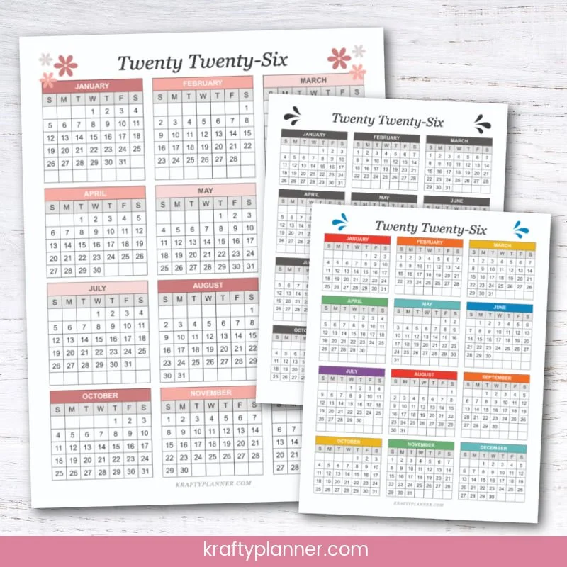 Printable 2026 Year at a Glance Calendars — Krafty Planner