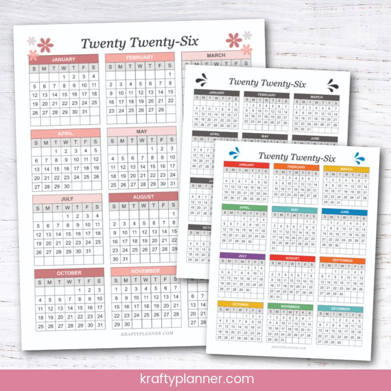 Printable 2026 Year at a Glance Calendars — Krafty Planner