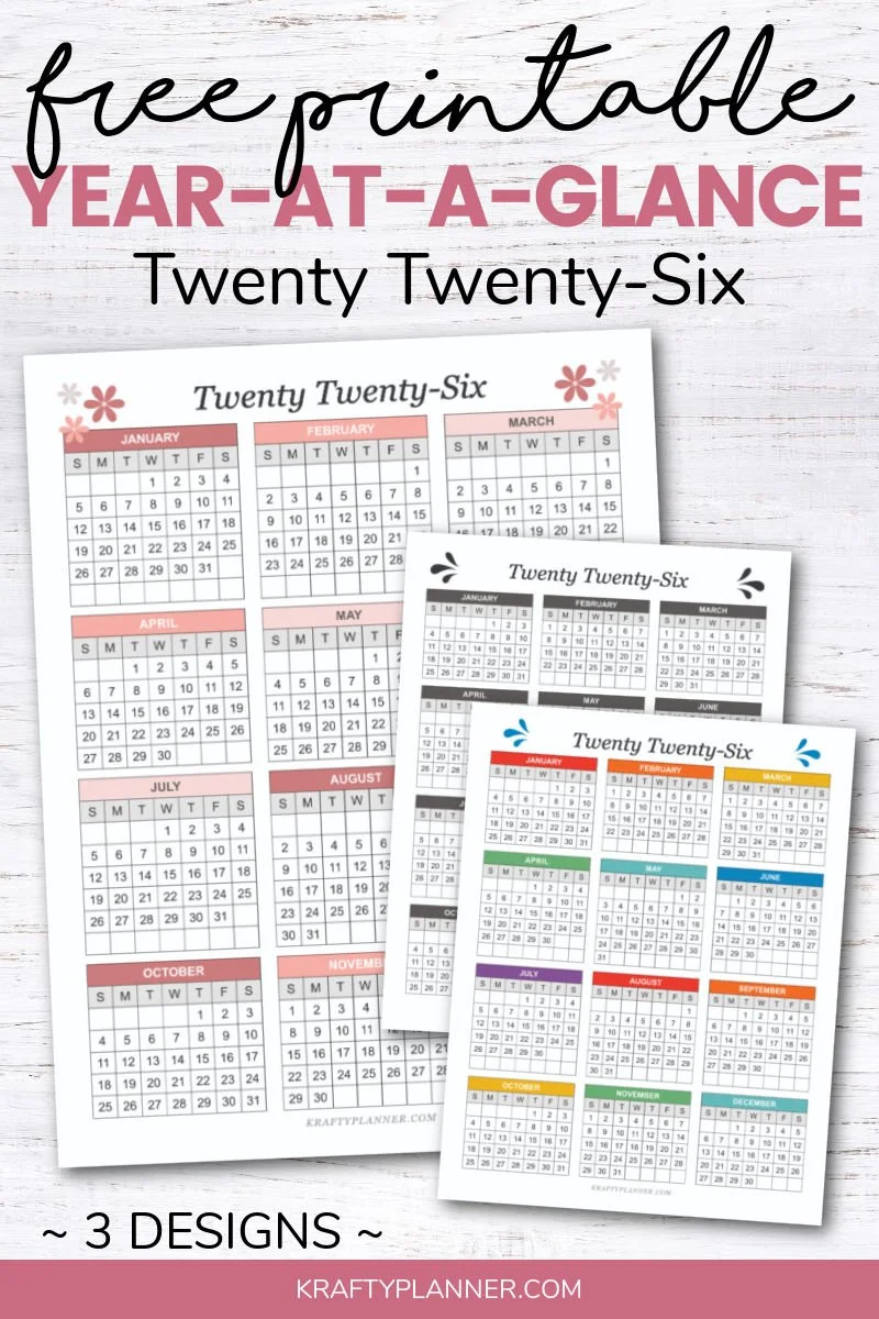 Printable 2026 Year at a Glance Calendars — Krafty Planner