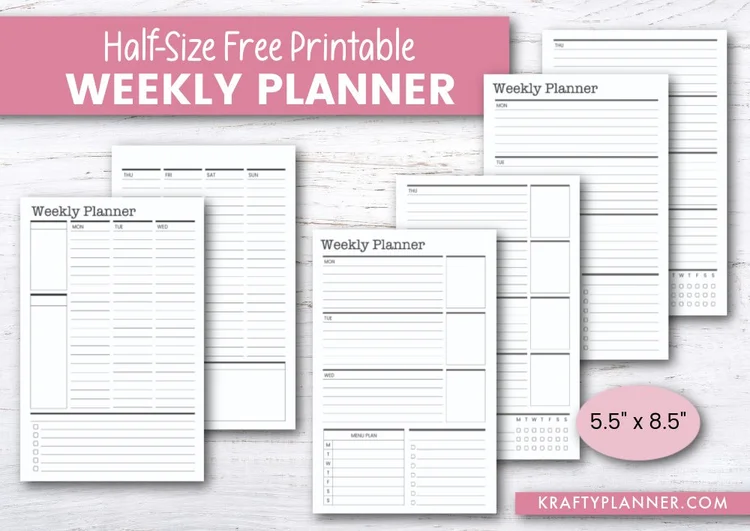 Free Printable Half-Size Weekly Planner — Krafty Planner