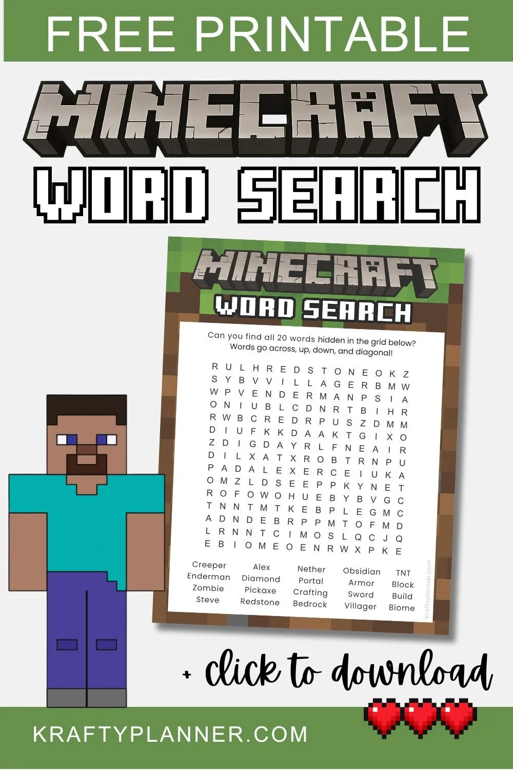 Free Printable Minecraft Word Search — Krafty Planner