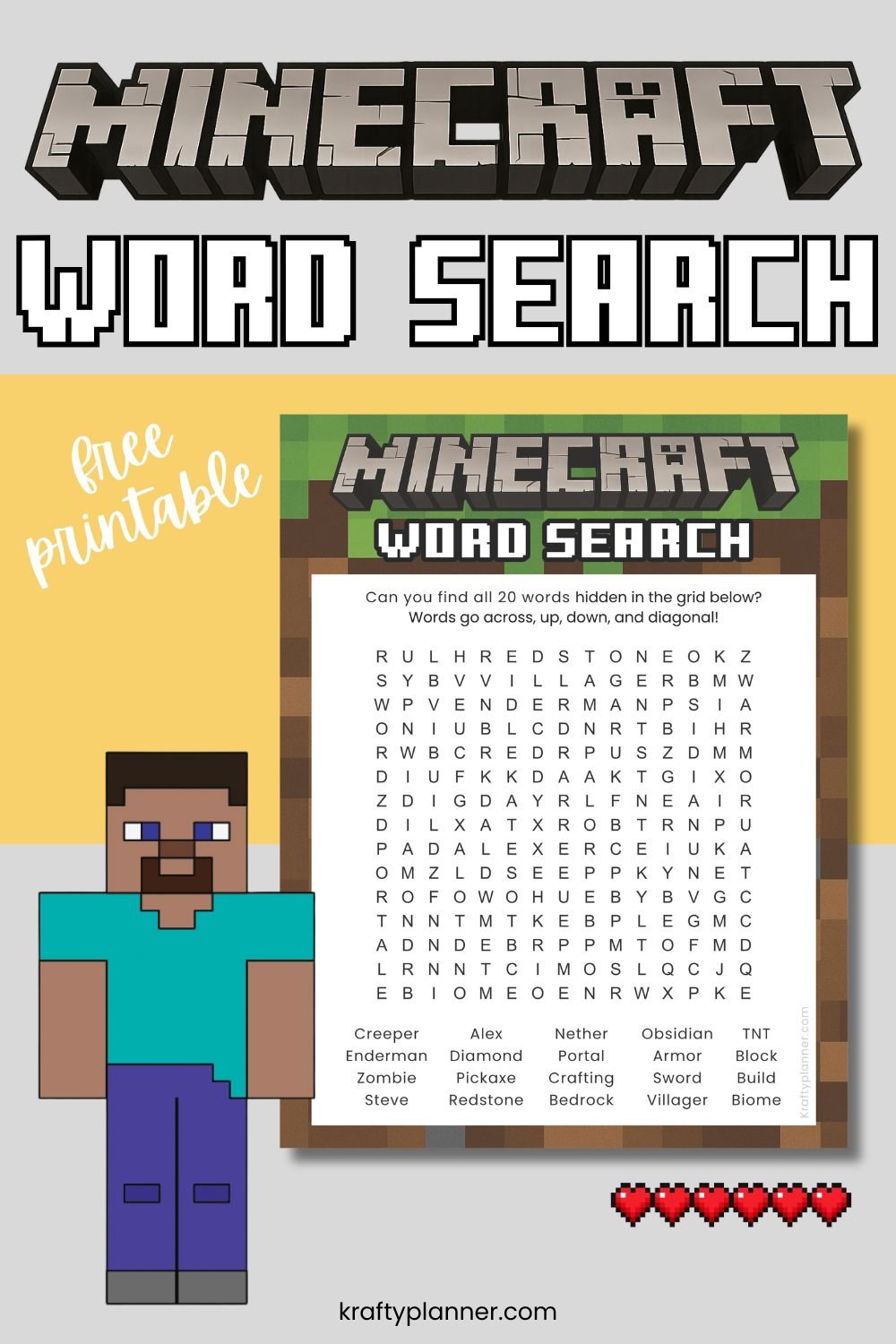 Free Printable Minecraft Word Search — Krafty Planner
