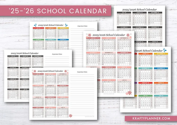 2025/2026 School Calendar Printables — Krafty Planner
