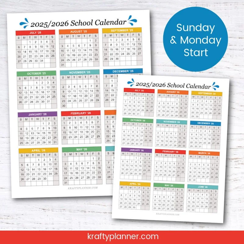 2025/2026 School Calendar Printables — Krafty Planner