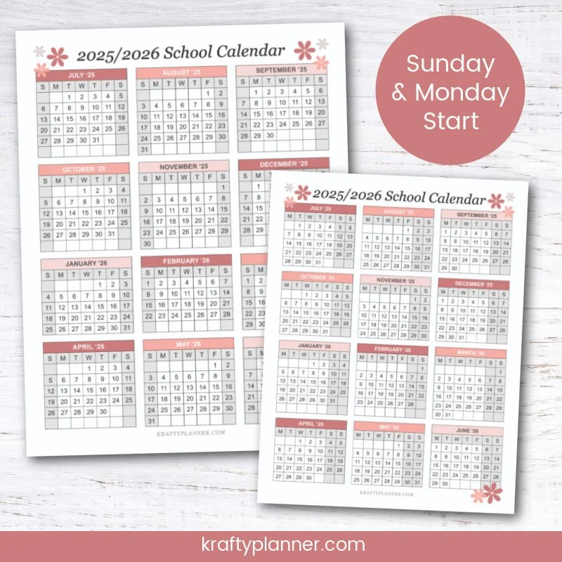 2025/2026 School Calendar Printables — Krafty Planner