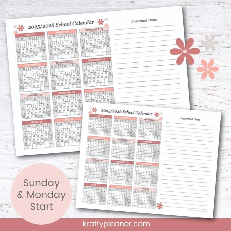 2025/2026 School Calendar Printables — Krafty Planner