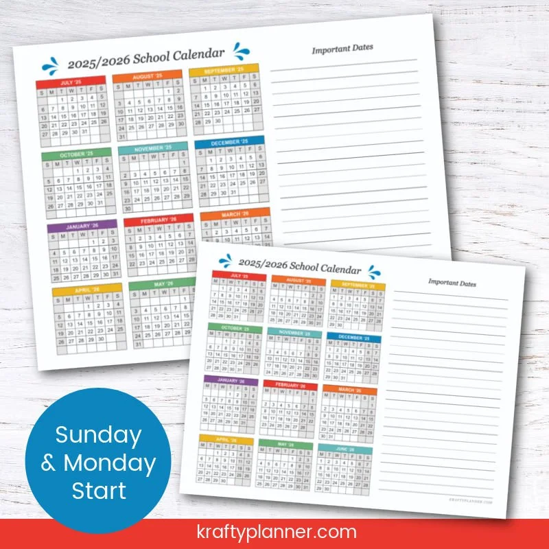 2025/2026 School Calendar Printables — Krafty Planner