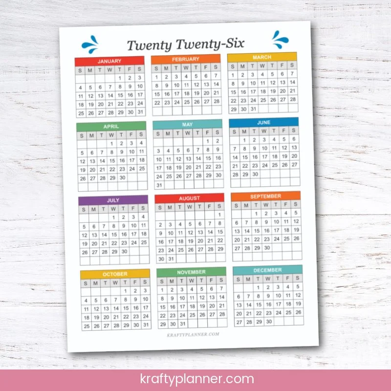 Printable 2026 Year at a Glance Calendars — Krafty Planner