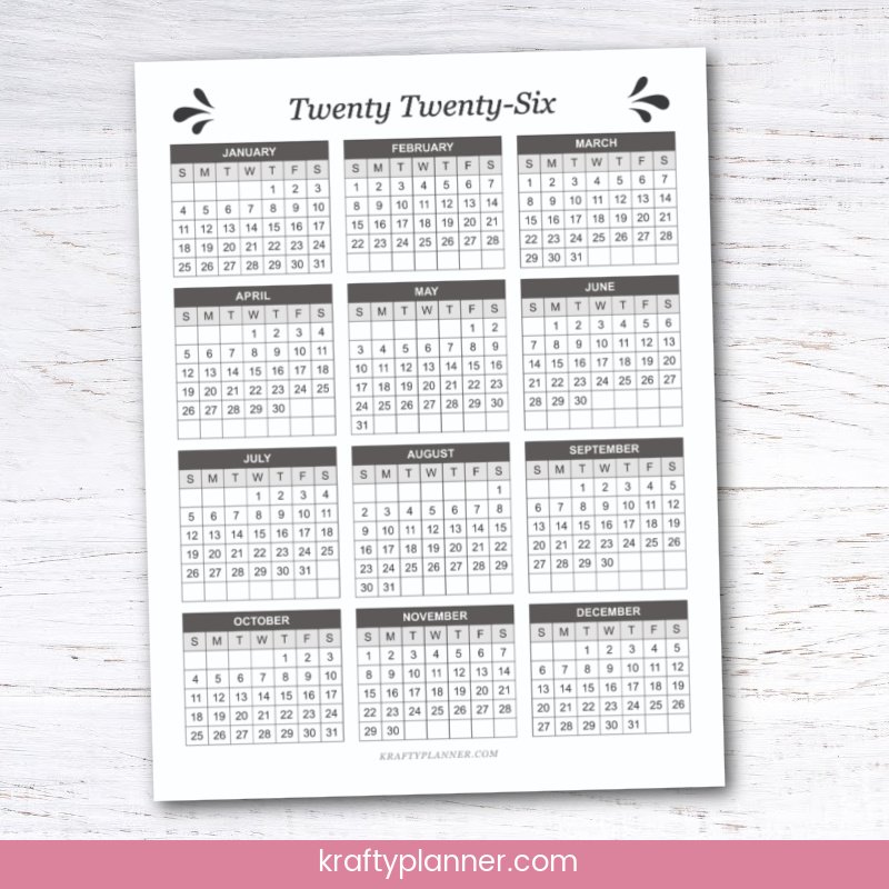 Printable 2026 Year at a Glance Calendars — Krafty Planner