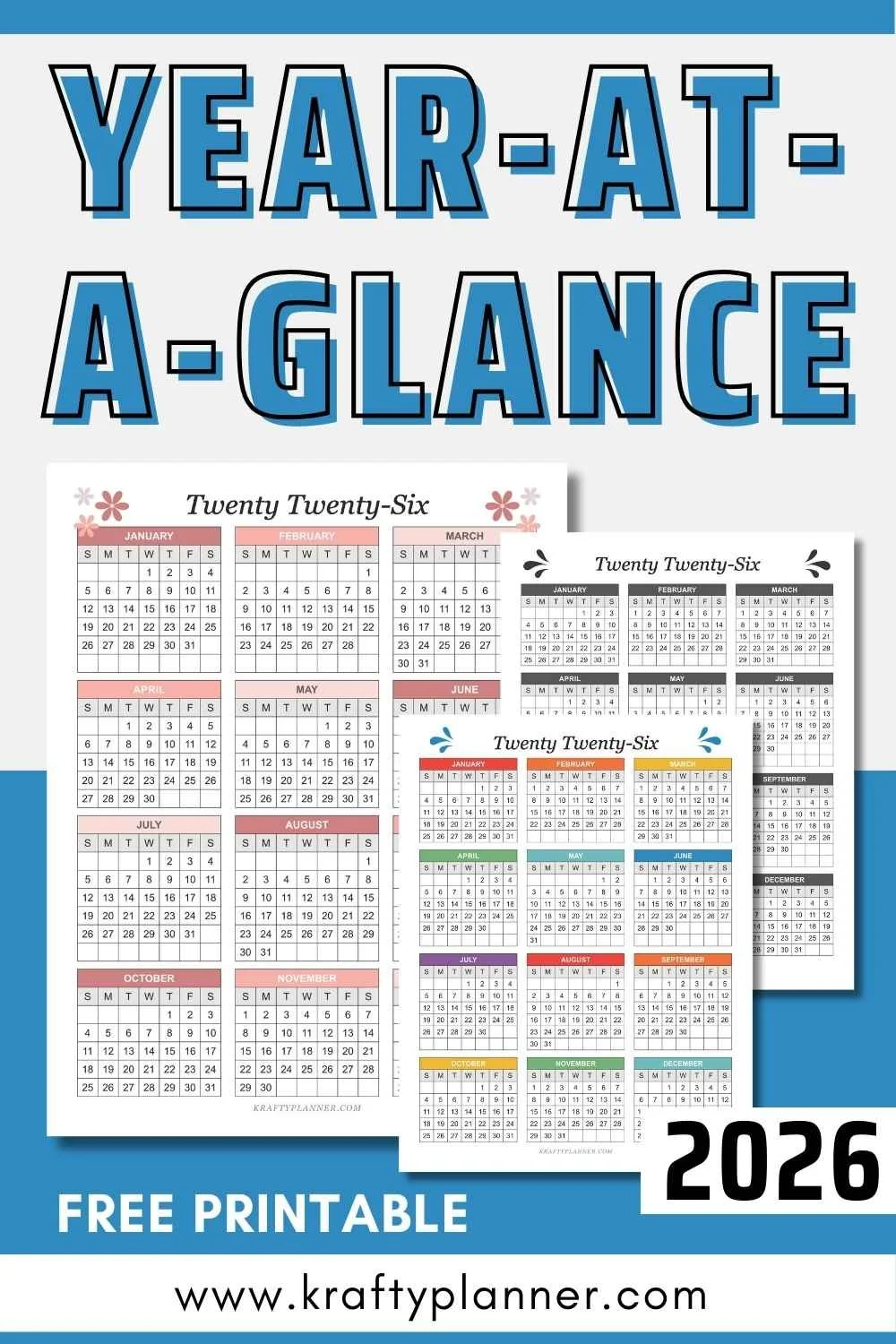 Printable 2026 Year at a Glance Calendars — Krafty Planner
