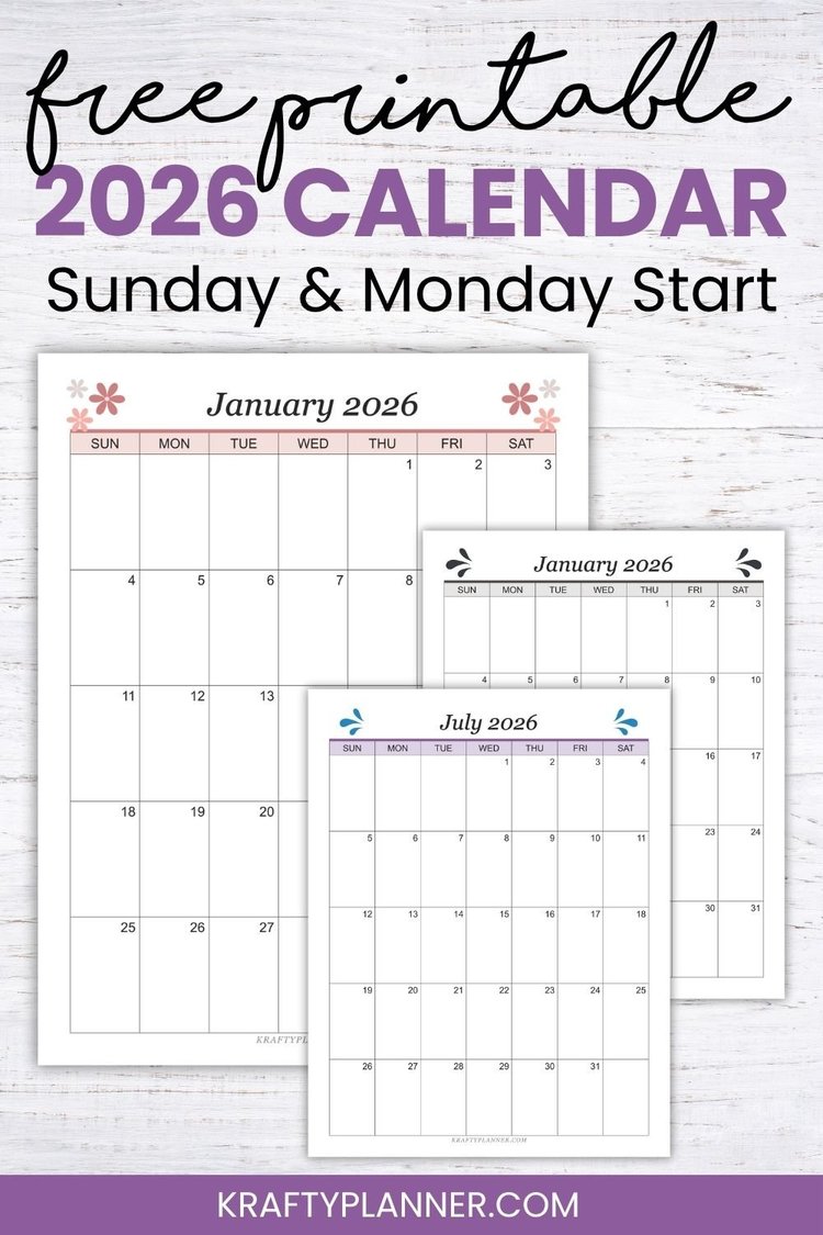 Free Printable 2026 Calendar: Sun/Mon Start — Krafty Planner