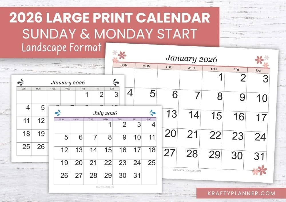 Free 2026 Large Print Calendar – Landscape — Krafty Planner