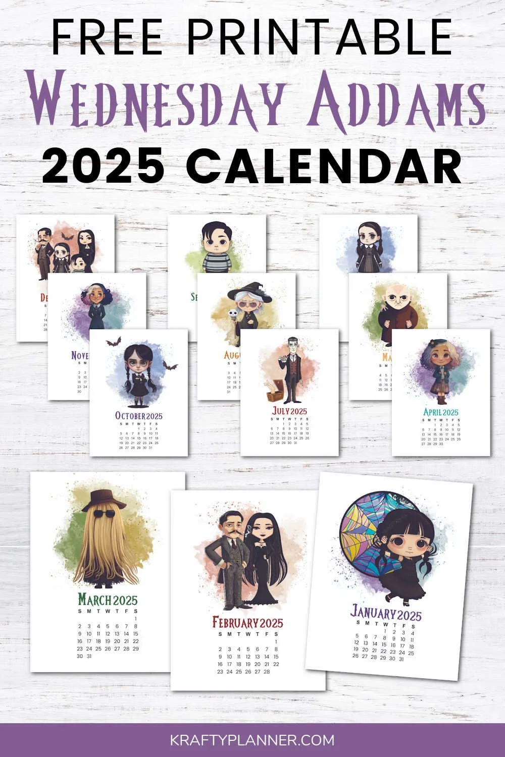 2025 Wednesday Addams printable calendar — Krafty Planner