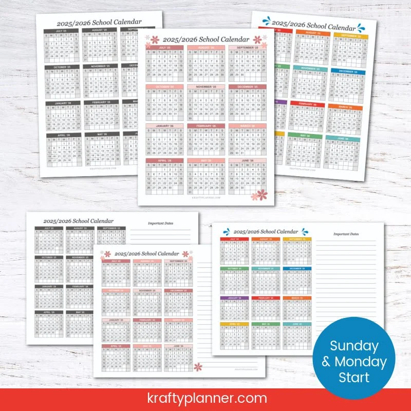 2025/2026 School Calendar Printables — Krafty Planner
