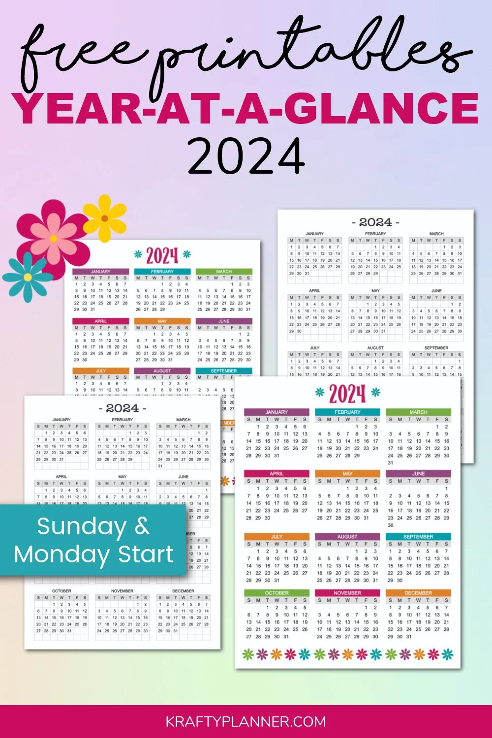 Free Printable 2024 Year-at-a-Glance Calendar — Krafty Planner