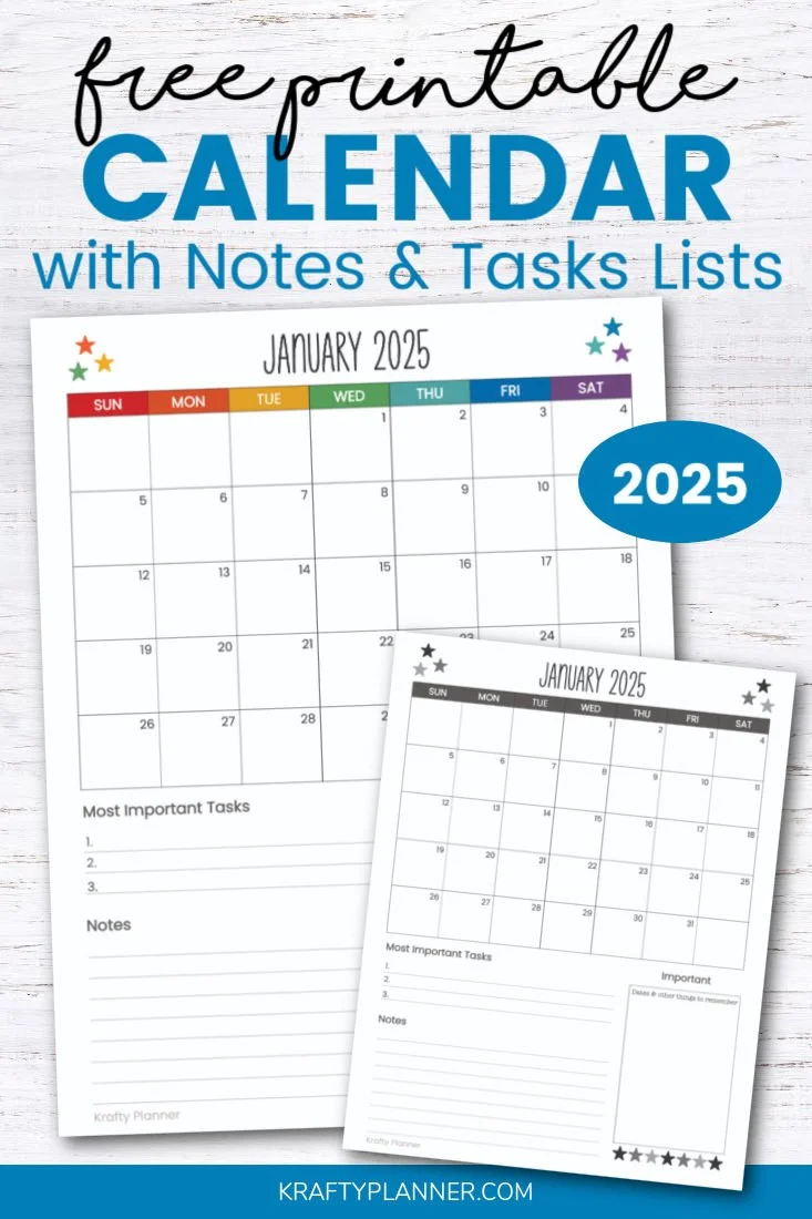 2025 Calendar with Notes and Task Lists — Krafty Planner