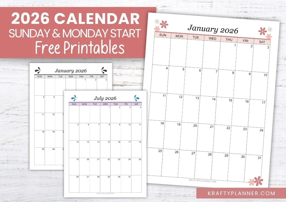 Free Printable 2026 Calendar: Sun/Mon Start — Krafty Planner