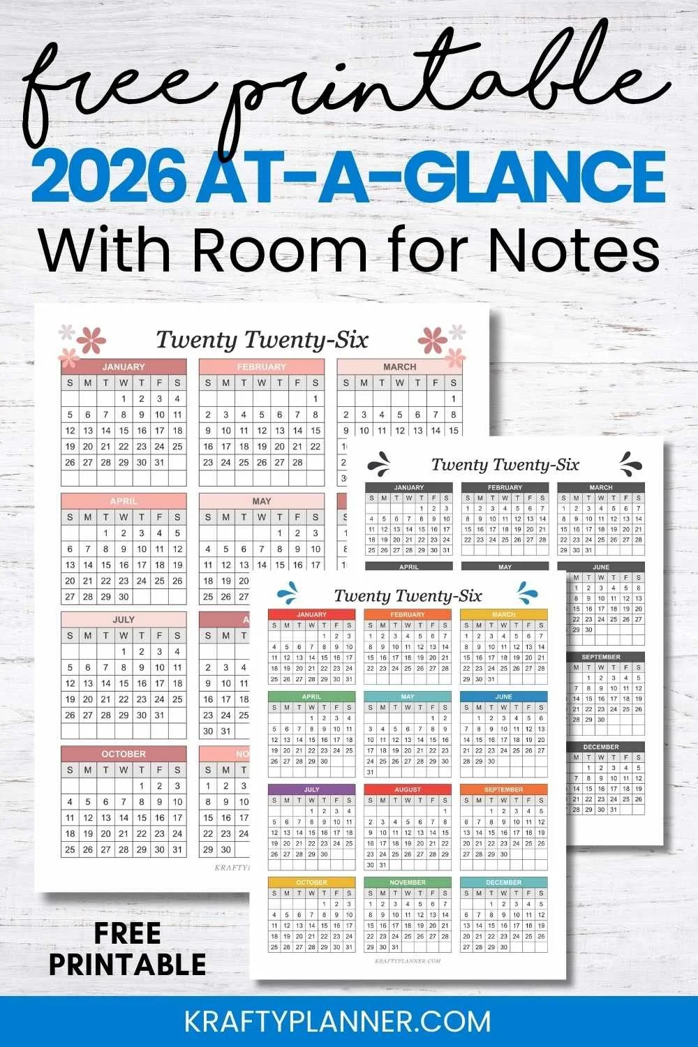 2026 At-a-Glance Calendar - Room for Notes — Krafty Planner