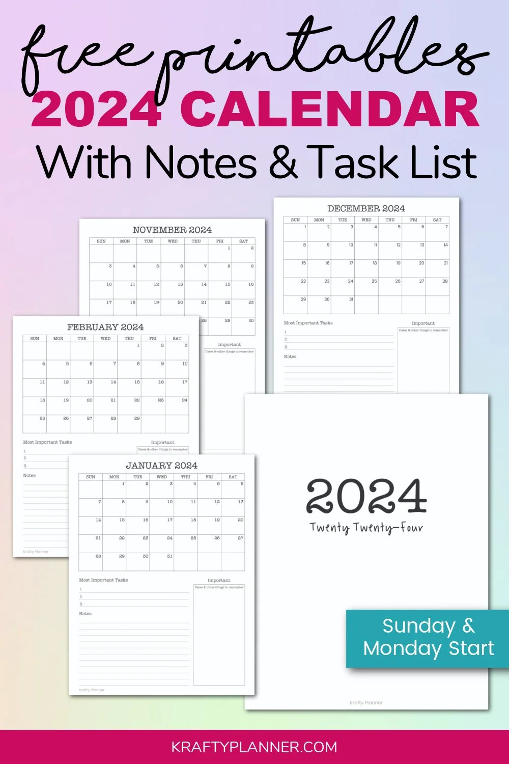 Free Printable 2024 Calendar with Notes and Task List — Krafty Planner