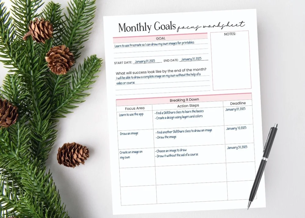 Monthly Goals Focus Printable Worksheet — Krafty Planner