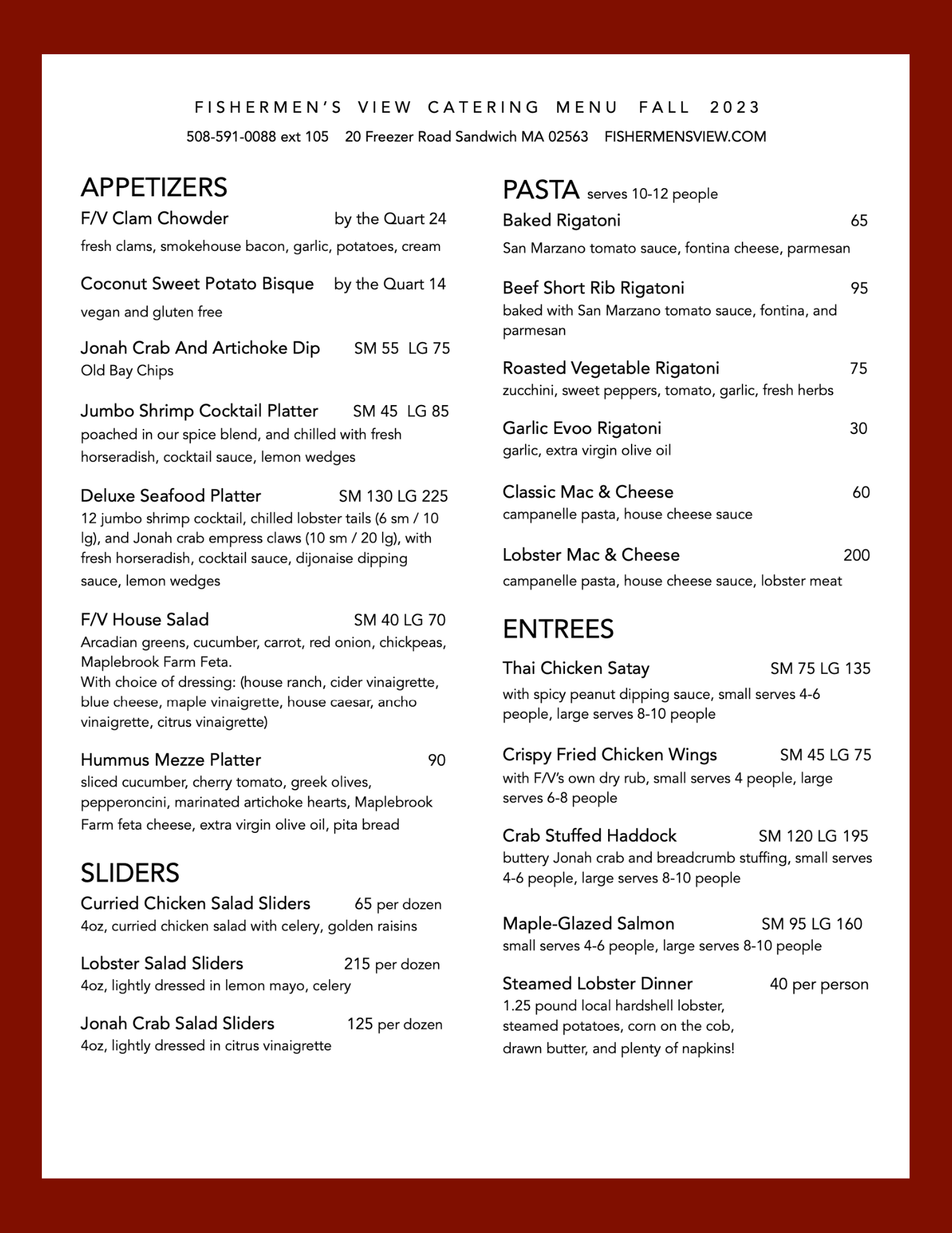 SAMPLE MENUS — FISHERMEN'S VIEW