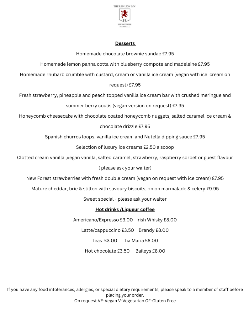 Menu — The Red Lion Inn