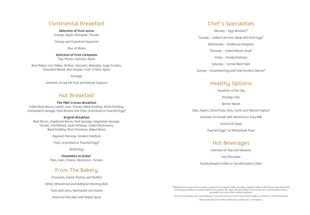 P&O Cruises Rise & Shine Breakfast Menu — Cruise Lowdown