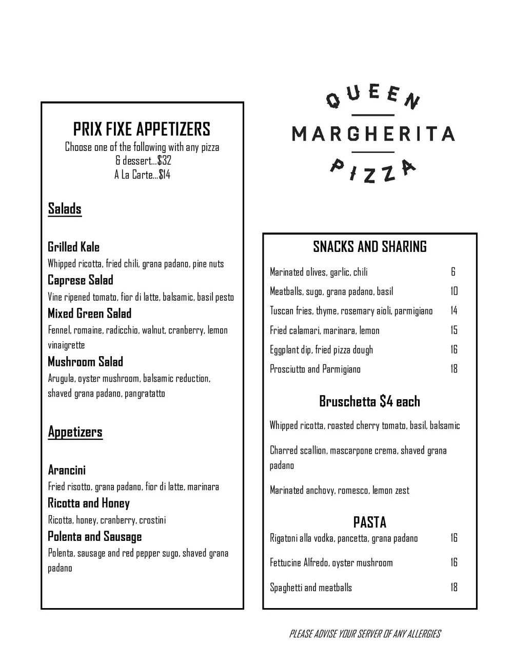 Menu — Queen Margherita Pizza