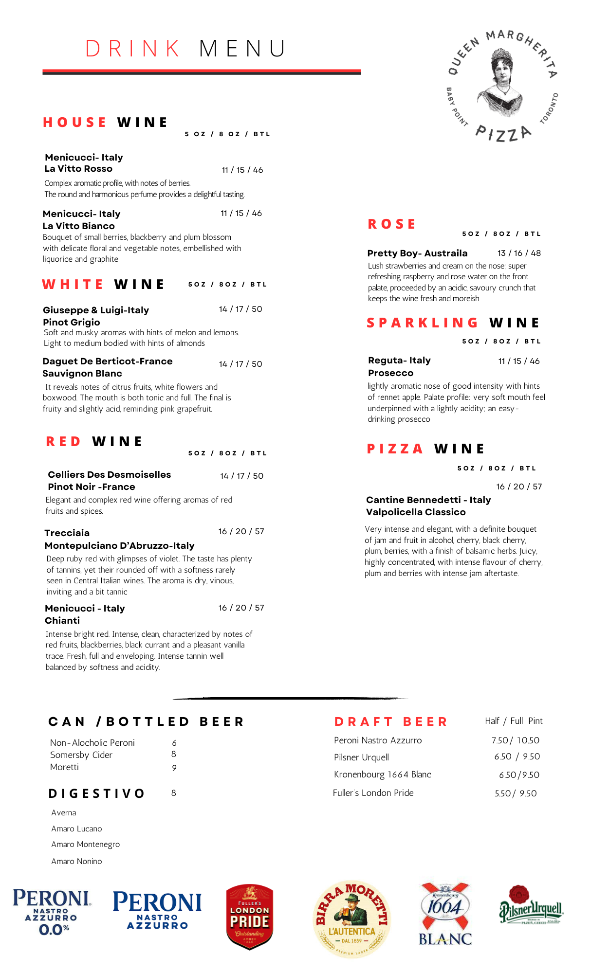Drink Menu — Queen Margherita Pizza