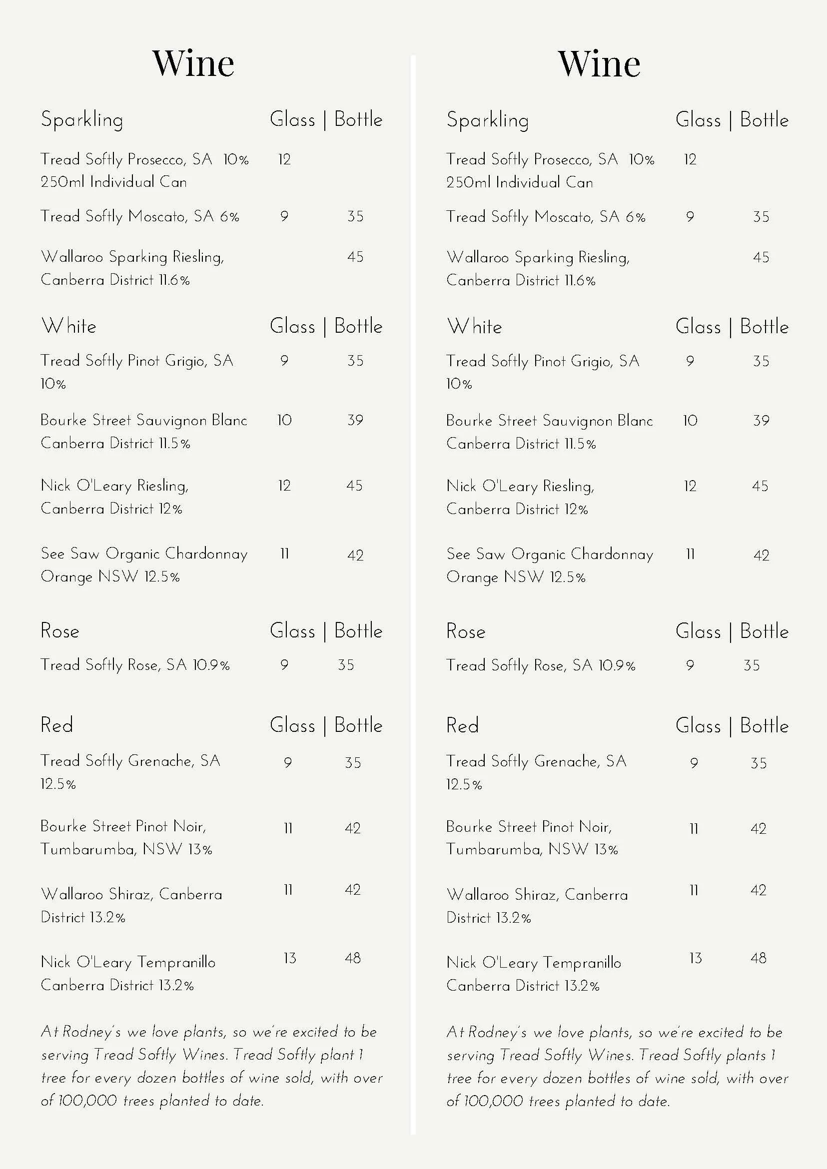 Cafe Menu — Pialligo Cafe