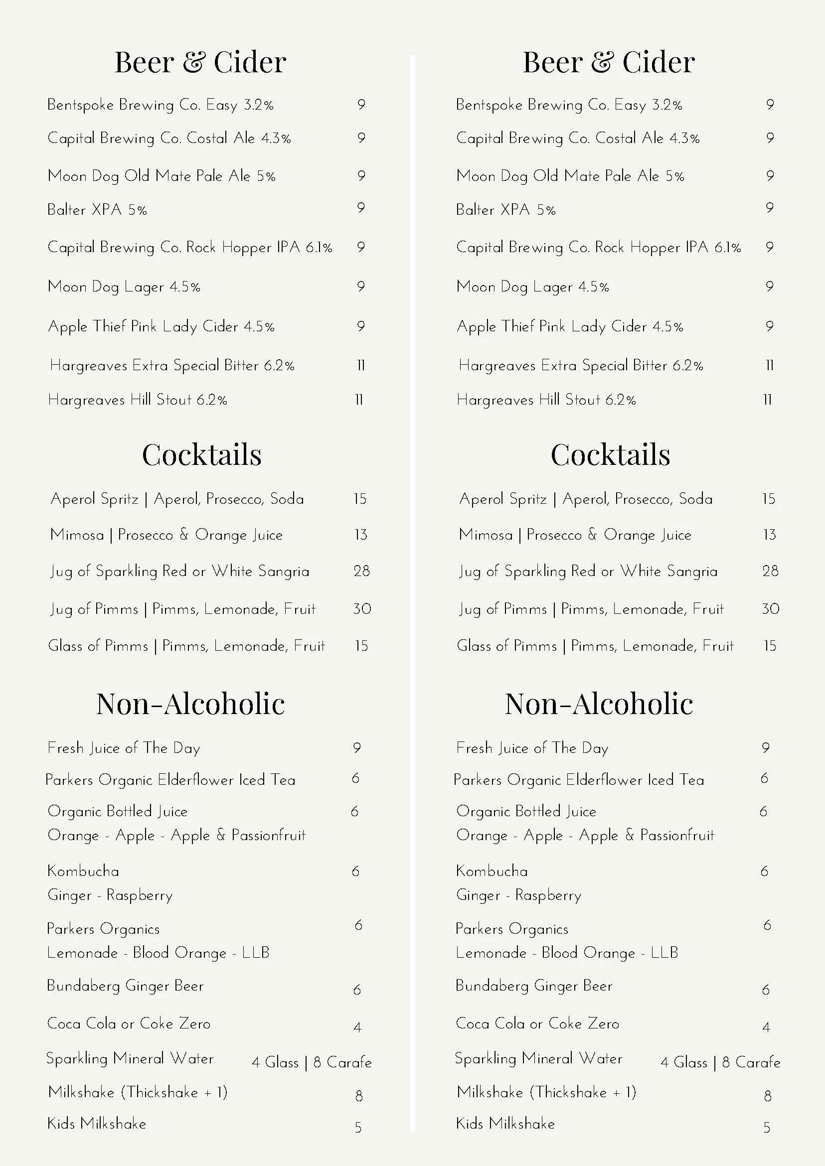 Cafe Menu — Pialligo Cafe