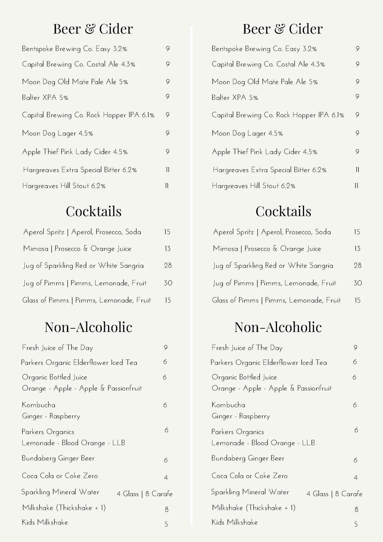 Cafe Menu — Pialligo Cafe