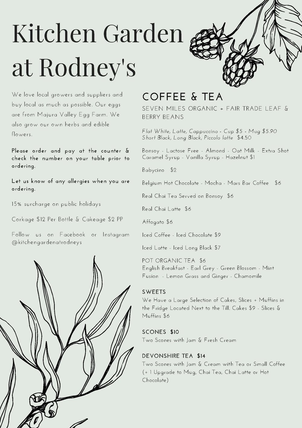 Cafe Menu — Pialligo Cafe