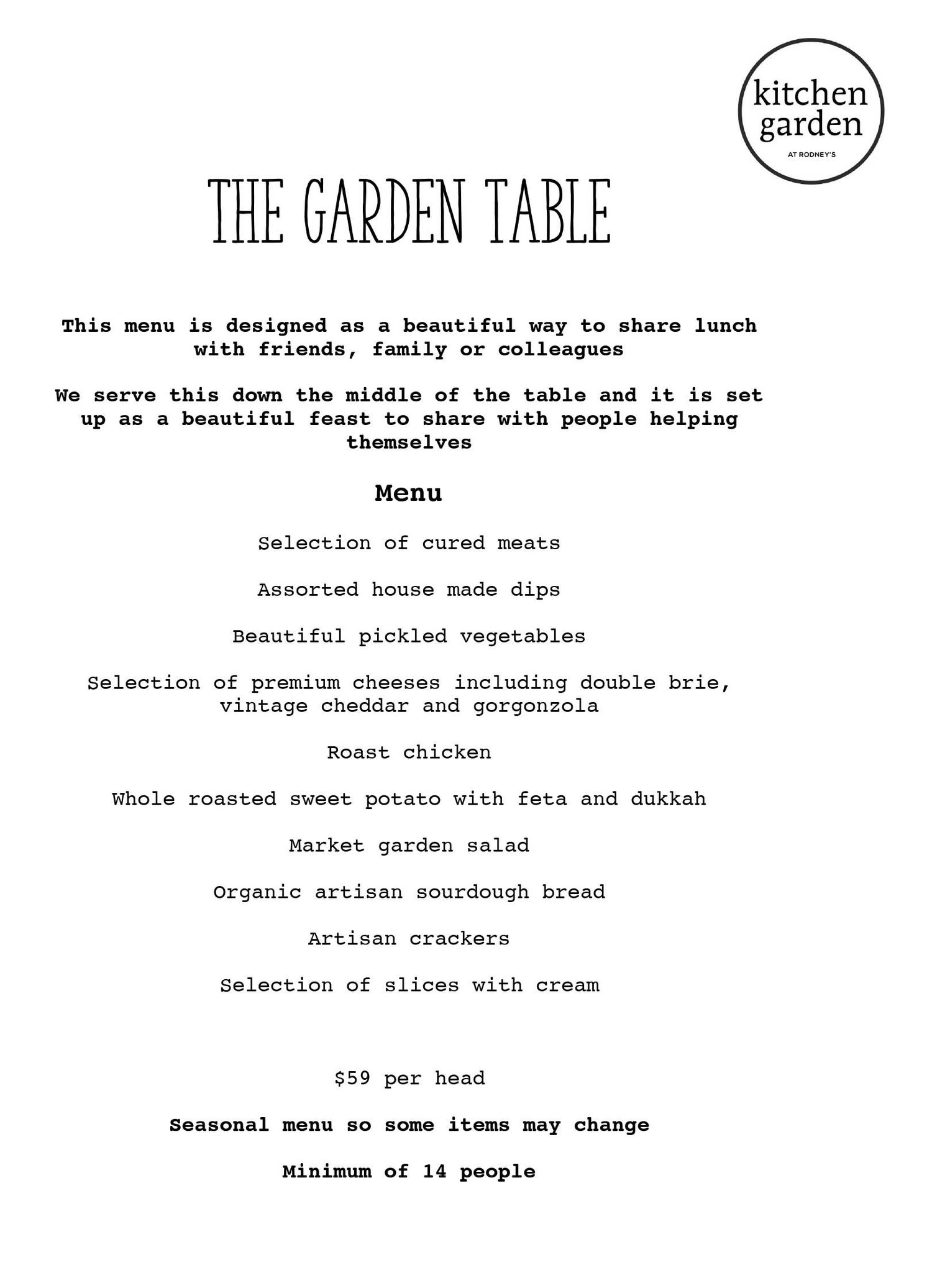 Garden Table Menu — Pialligo Cafe