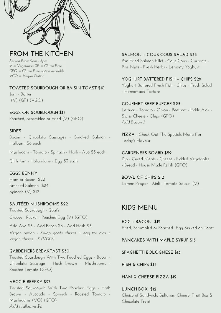 Cafe Menu — Pialligo Cafe