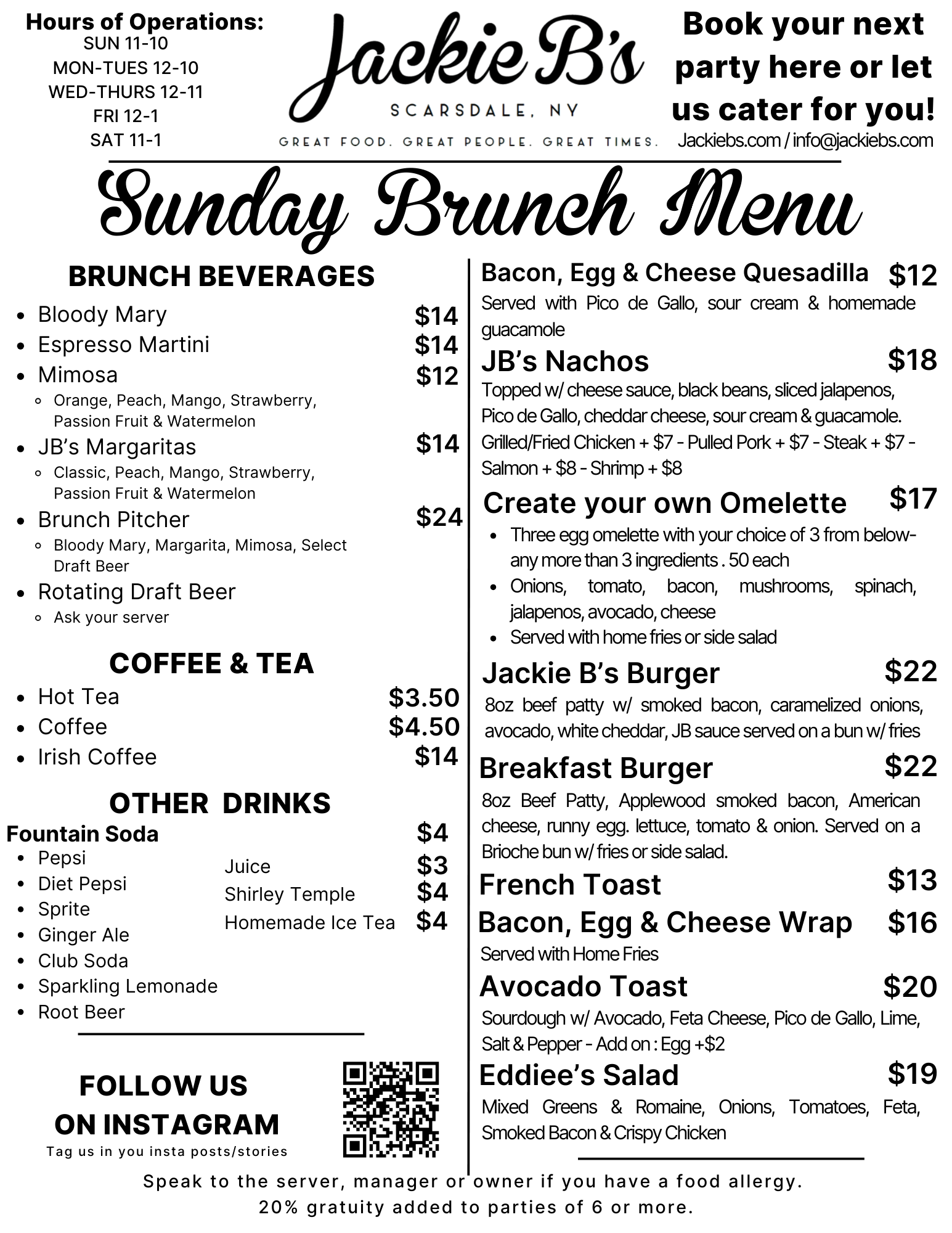 Brunch Menu — JB's