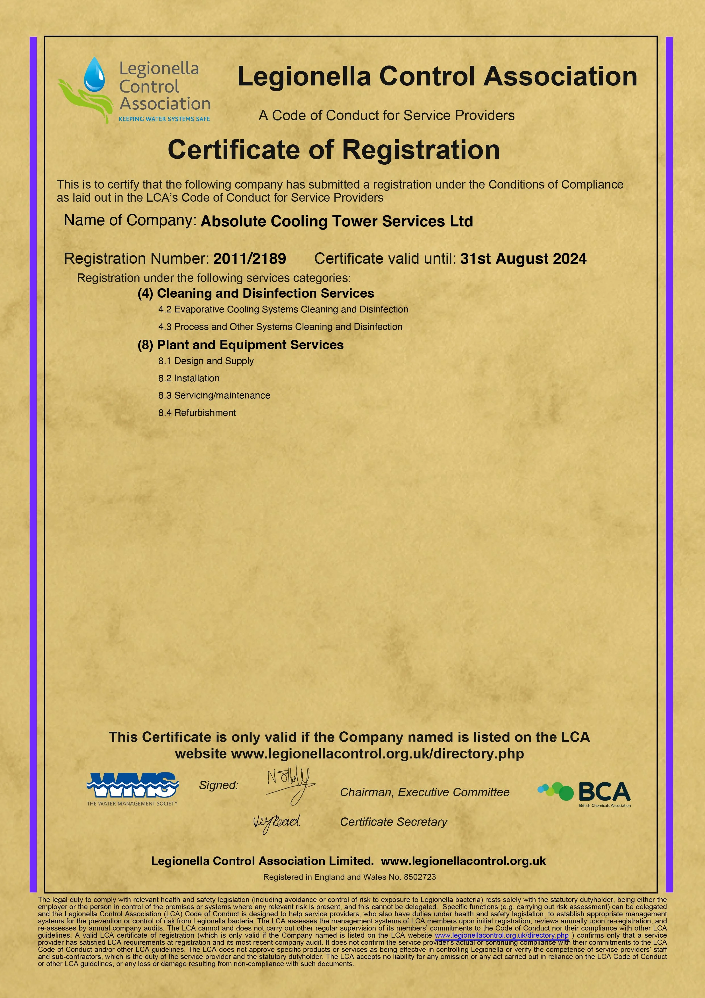 LCA-Certificate — Absolute Cooling Tower Services