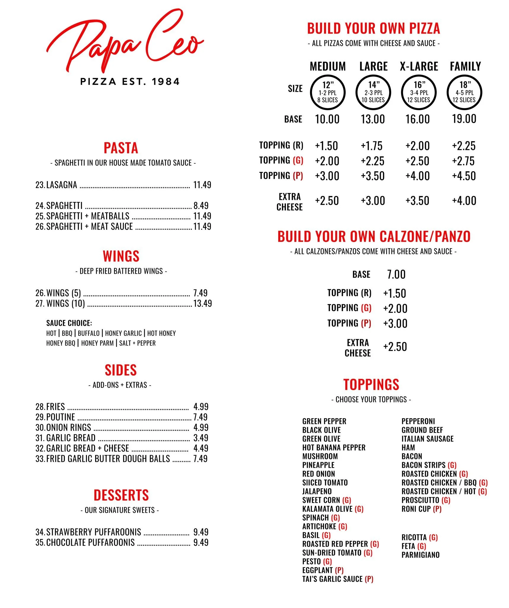 Menu — Papa Ceo Pizza