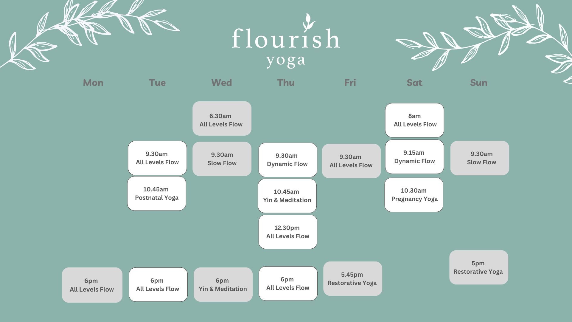 Timetable Page — Flourish yoga - Takapuna, Yoga & Meditation