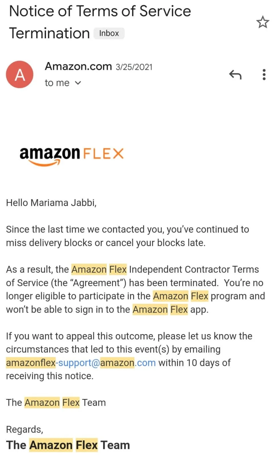 “I missed a block on Amazon Flex… there was nobody to call when I ...