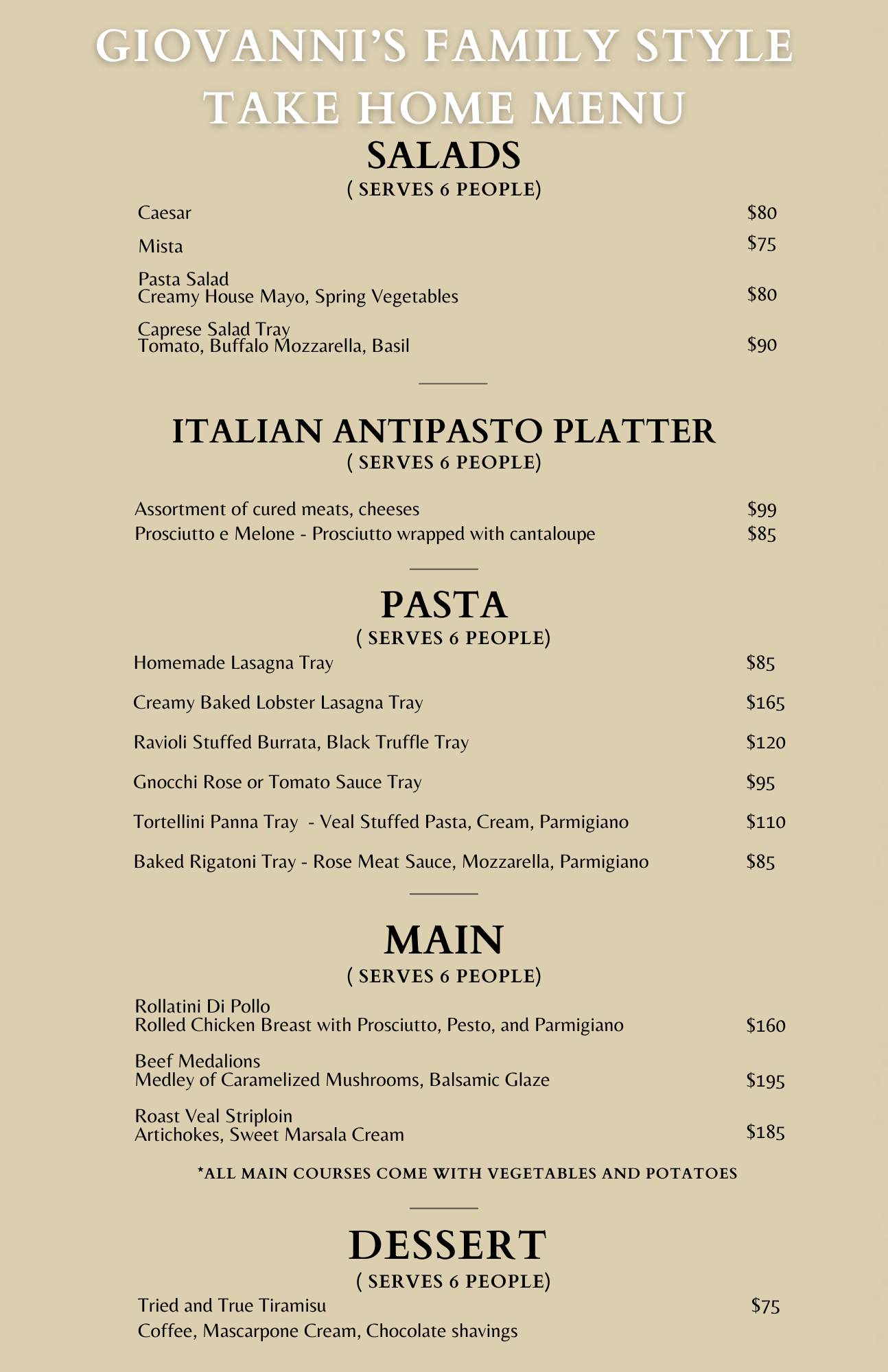 Take Out Menu — Giovanni's Ristorante