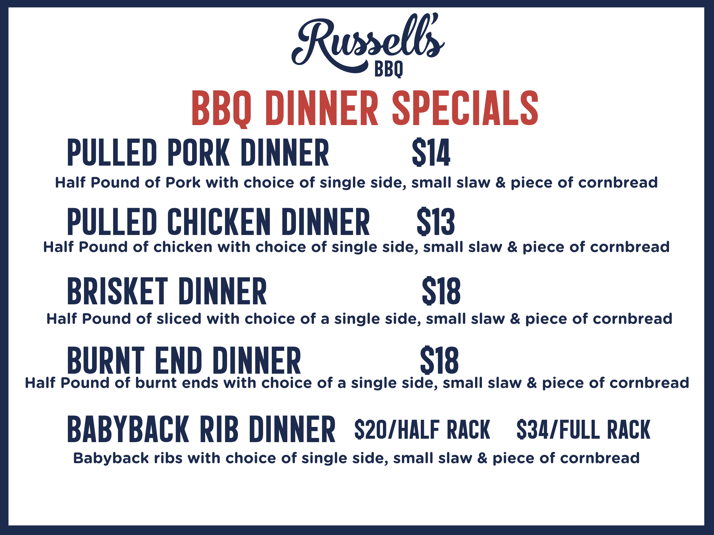 Menu | Russell's Dam Good BBQ Sauce - Russell's