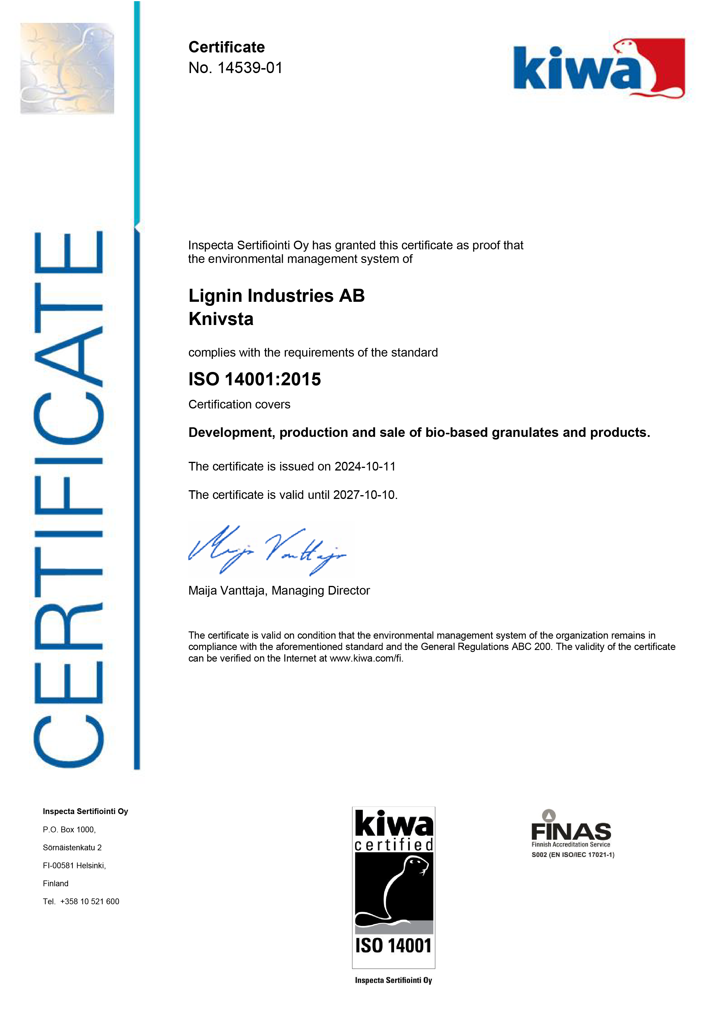 Certifications — Lignin Industries AB