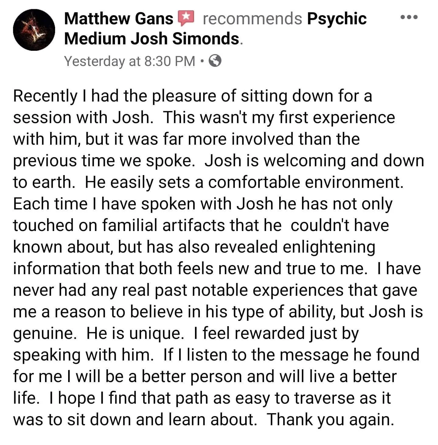 Reviews — Josh Simonds Psychic Medium & Author