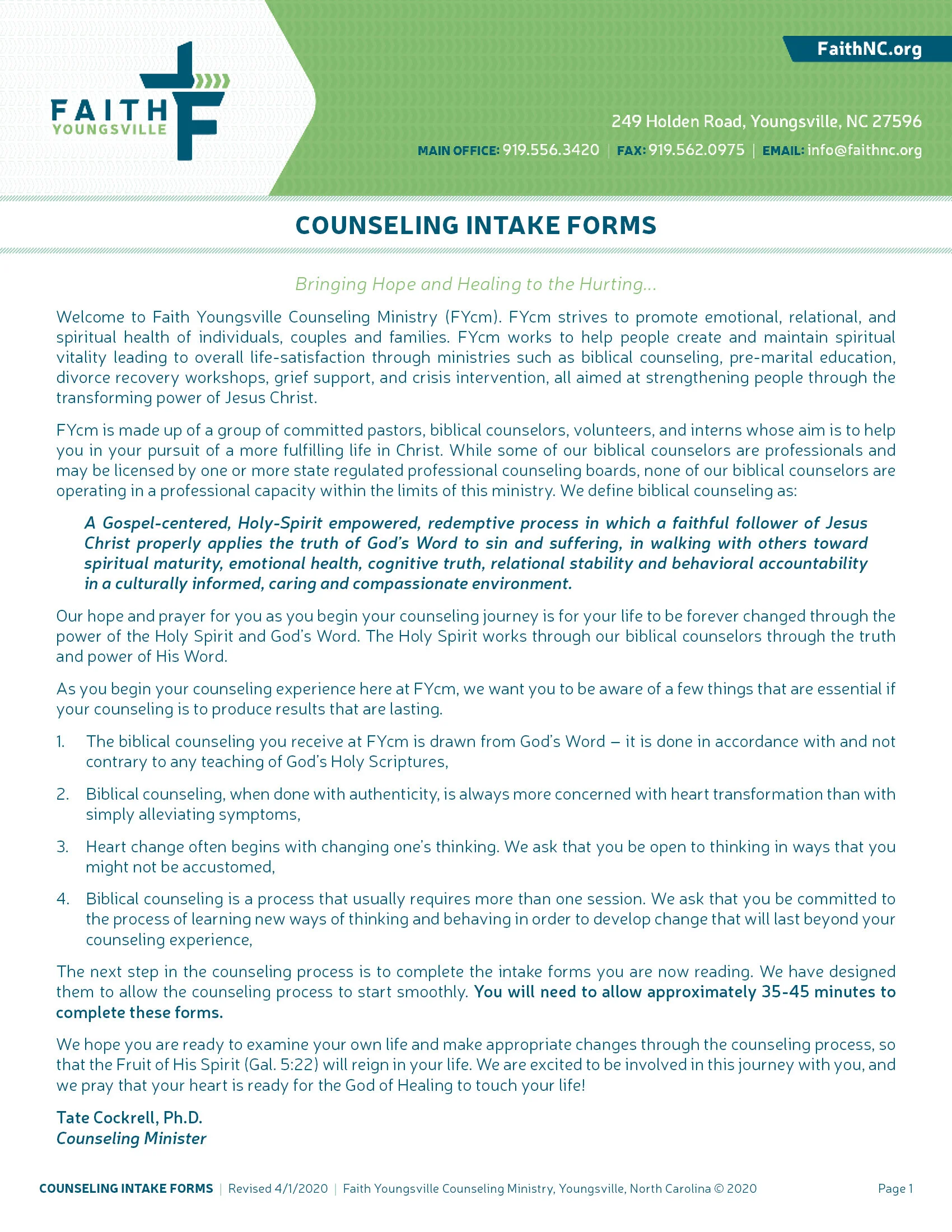 Counseling Intake Form — Faith Baptist Church, Youngsville, NC