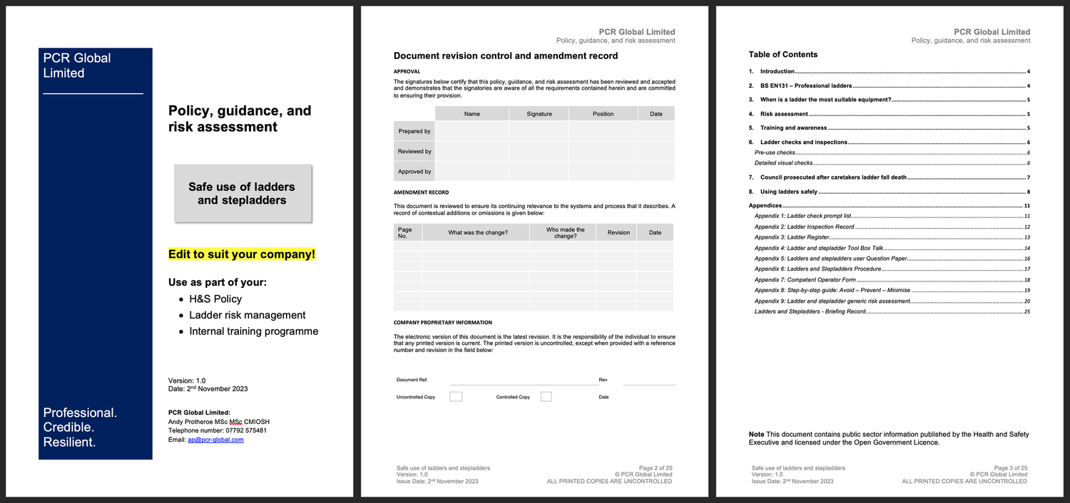 PCR Global | Ladders and Stepladders | Policy, Guidance and Risk Assessment