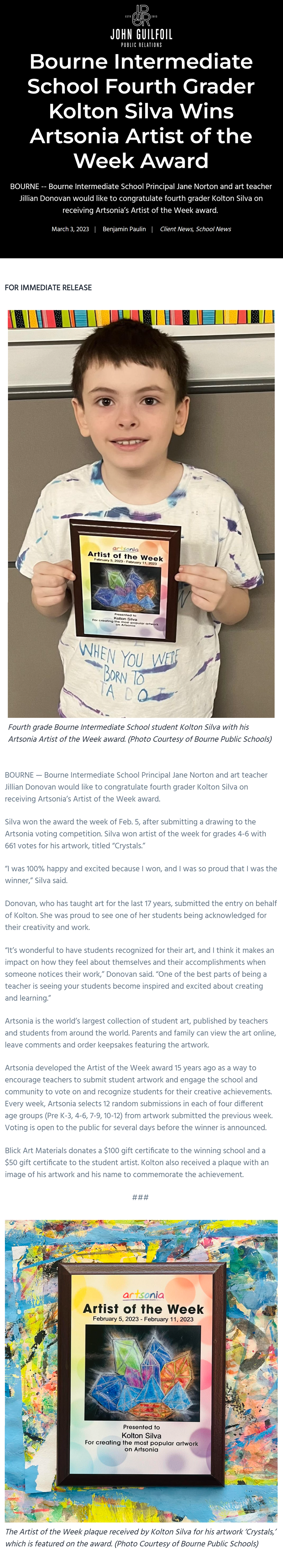 Bourne Intermediate School Fourth Grader Kolton Silva Wins Artsonia ...