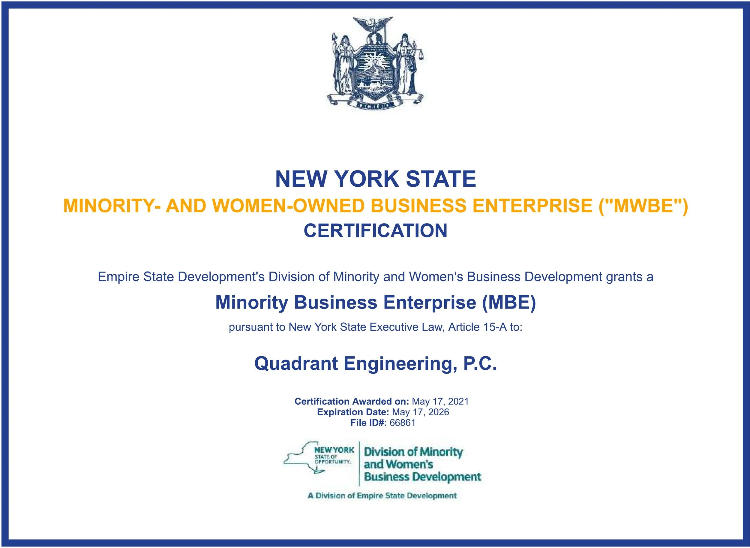 MBE — Quadrant Engineering, P.C.